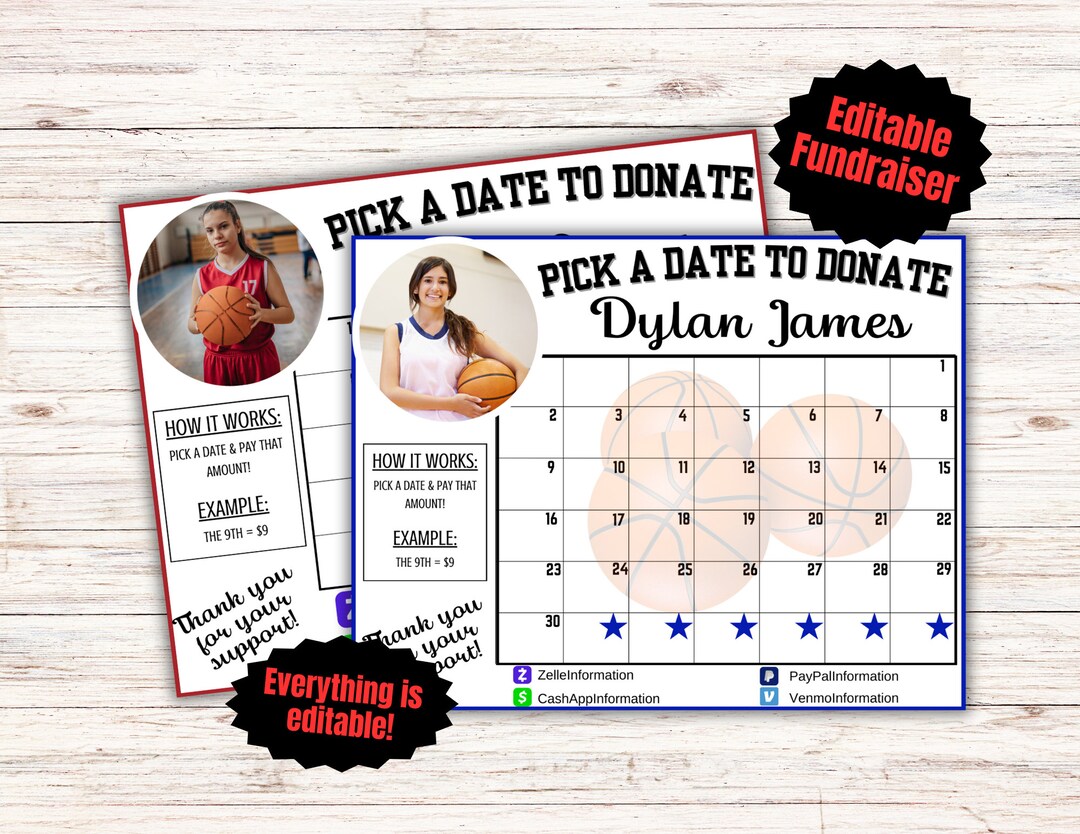 EDITABLE Basketball Pick a Date, Fundraiser, Calendar Sponsor a Date ...