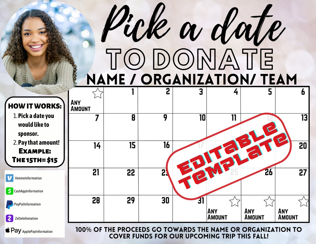 EDITABLE All Purpose Template Pick a Date Fundraiser Calendar Sponsor a ...