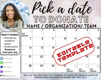 Pick a Date Fundraiser, Editable All Purpose Template, Calendar Sponsor ...