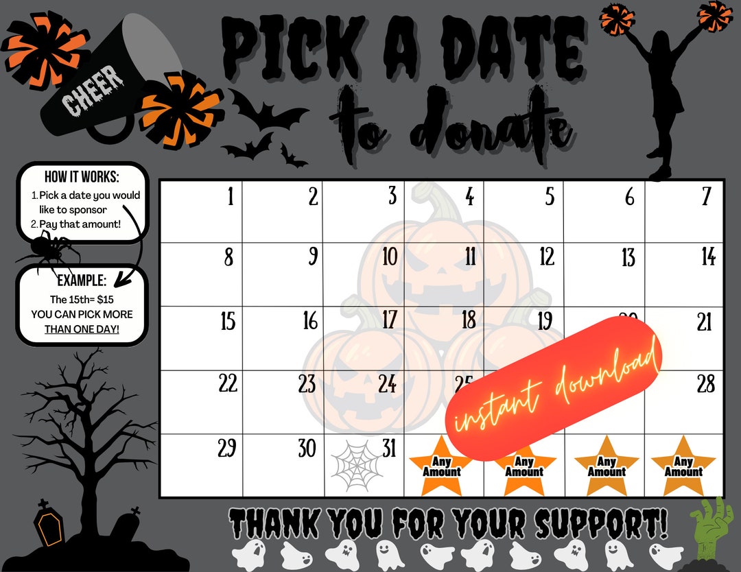 Cheer Halloween October Pick a Date to Donate, Fundraiser Calendar, Pay ...