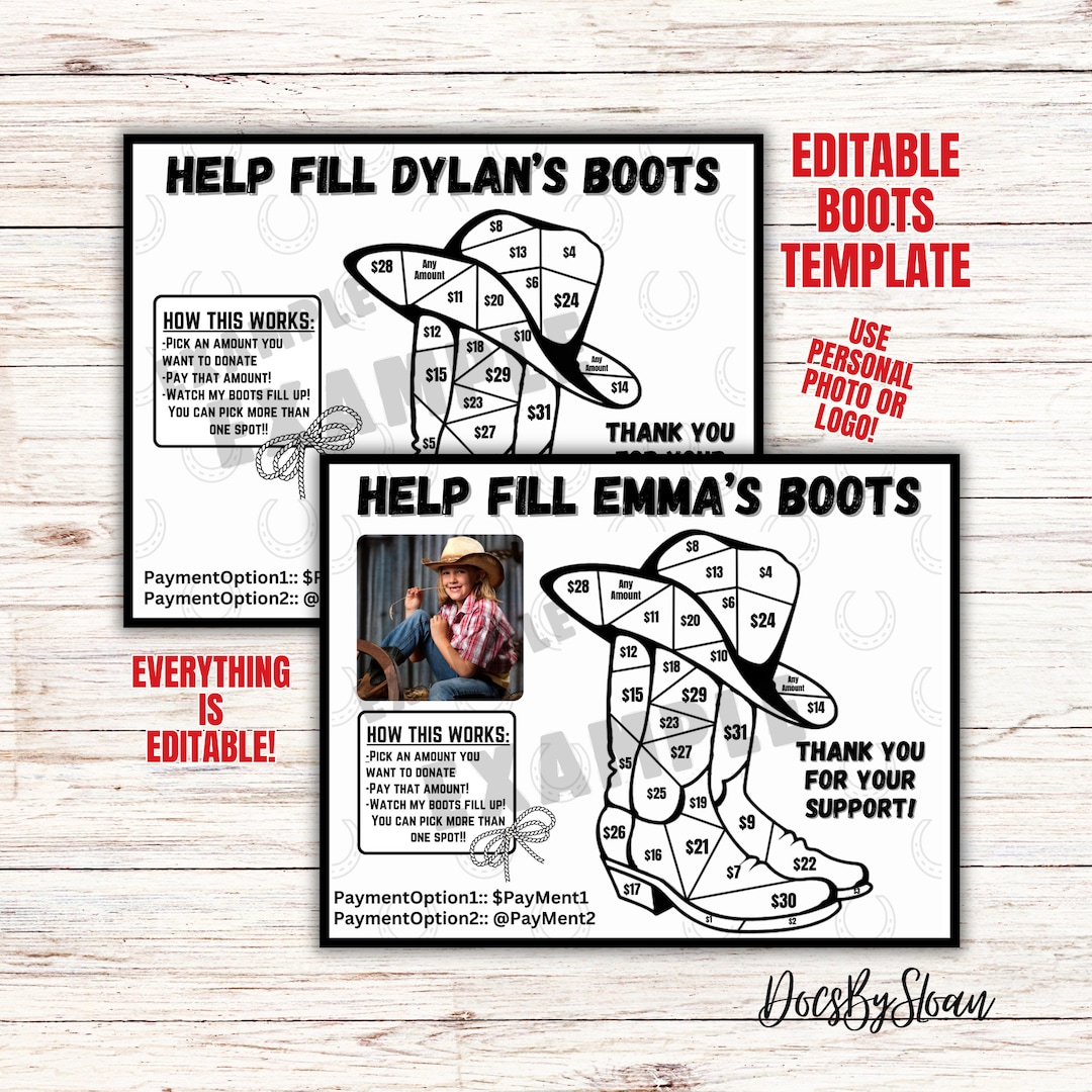 Editable Boots Fundraiser, Fill My Boots Fundraiser, Rodeo Pick a Date ...