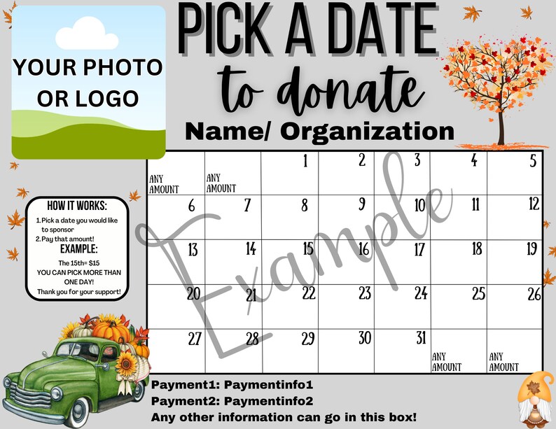EDITABLE Fall Theme Pick a Date Fundraiser Calendar Sponsor, September ...