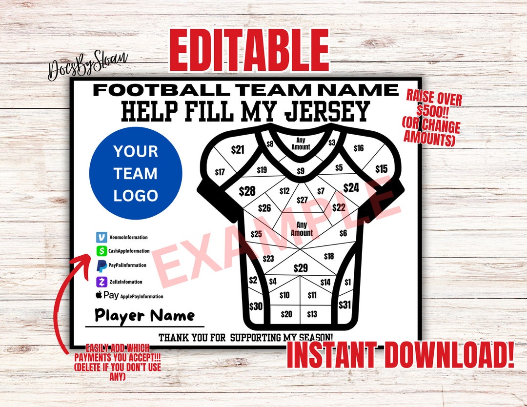 Editable Football Fundraiser, Fill My Jersey Fundraiser, Football Pick ...