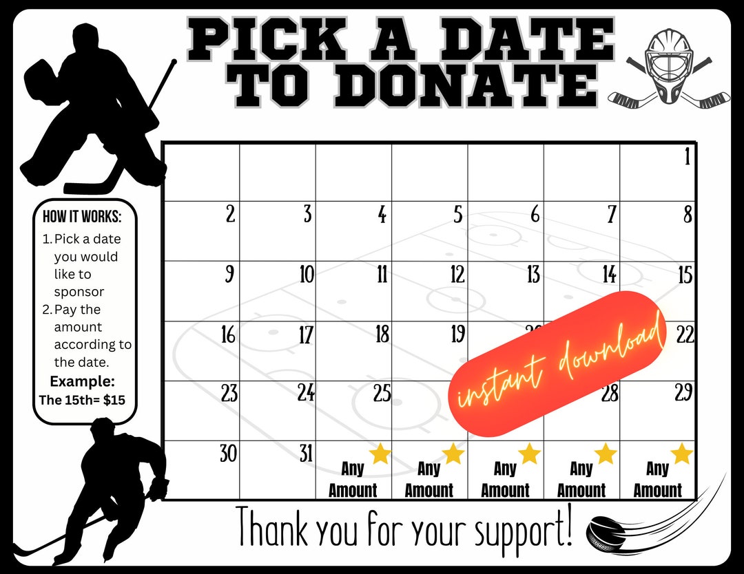 Hockey Pick a Date to Donate, Fundraiser, Pay the Date Calendar ...