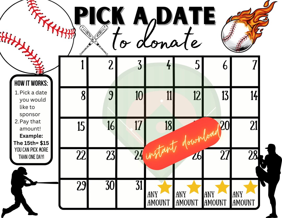 Baseball Pick a Date to Donate, Fundraiser, Pay the Date, Baseball ...