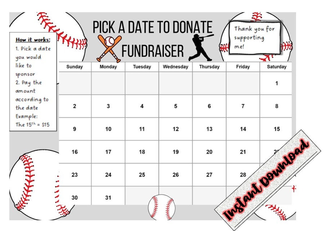 Baseball Pick a Date to Donate, Fundraiser, Pay the Date, Baseball ...