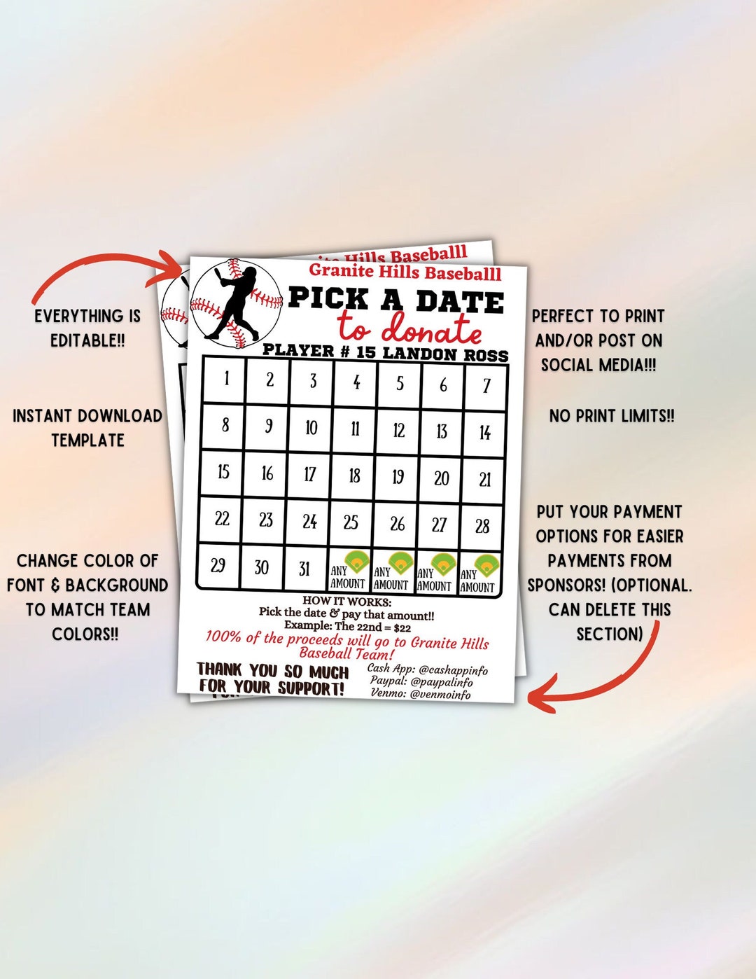 EDITABLE Baseball Pick a Date to Donate Template Fundraiser, Pay the ...