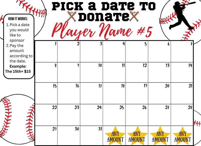 EDITABLE Baseball Template Pick a Date to Donate Fundraiser - Etsy