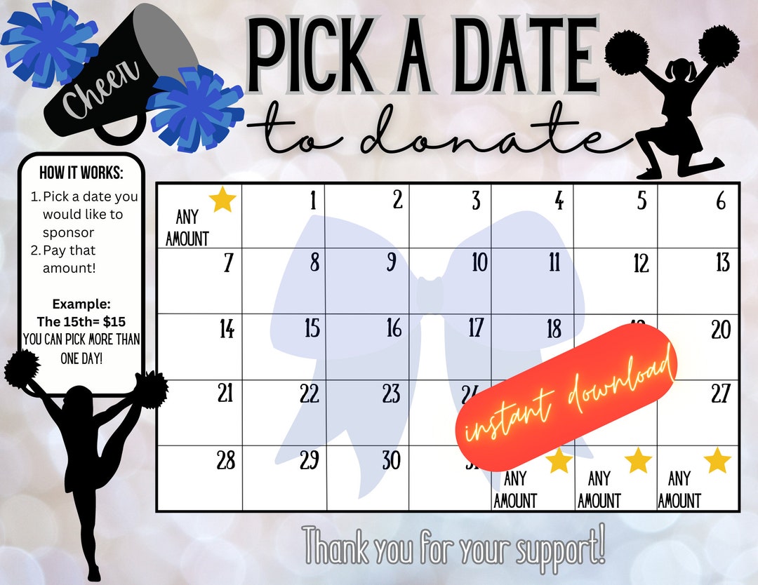 Cheer Pick a Date to Donate, Fundraiser Calendar, Pay the Date ...