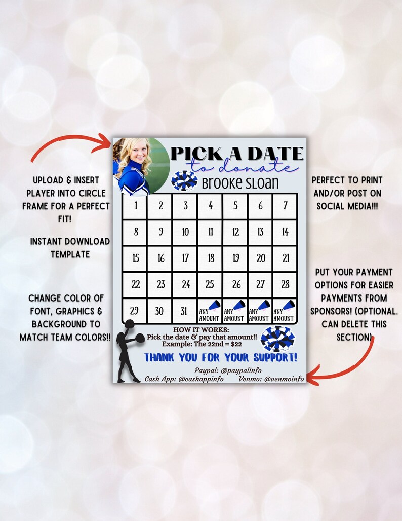 EDITABLE Cheer Pick a Date, Fundraiser, Calendar Sponsor a Date, Pay ...