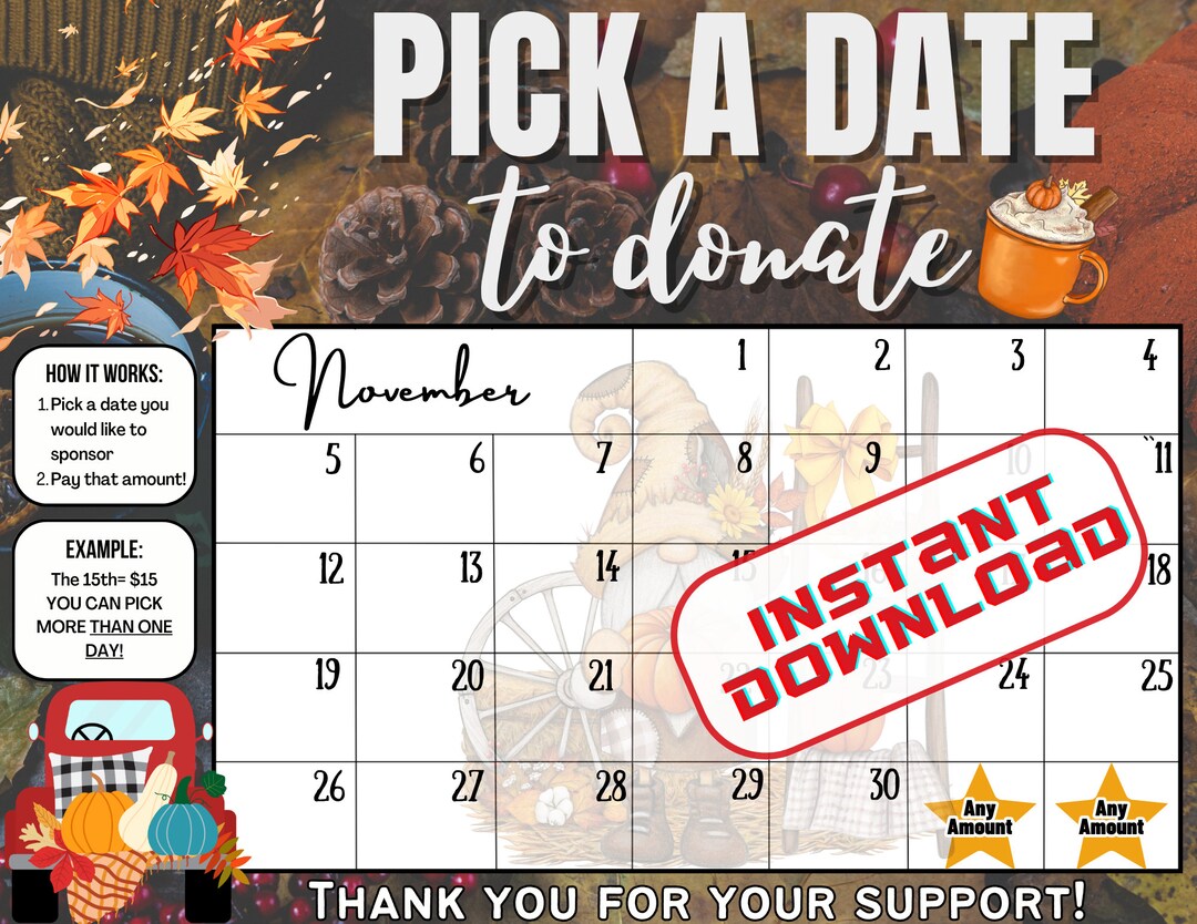 November Pick a Date to Donate, All Purpose, Pay the Date, November ...