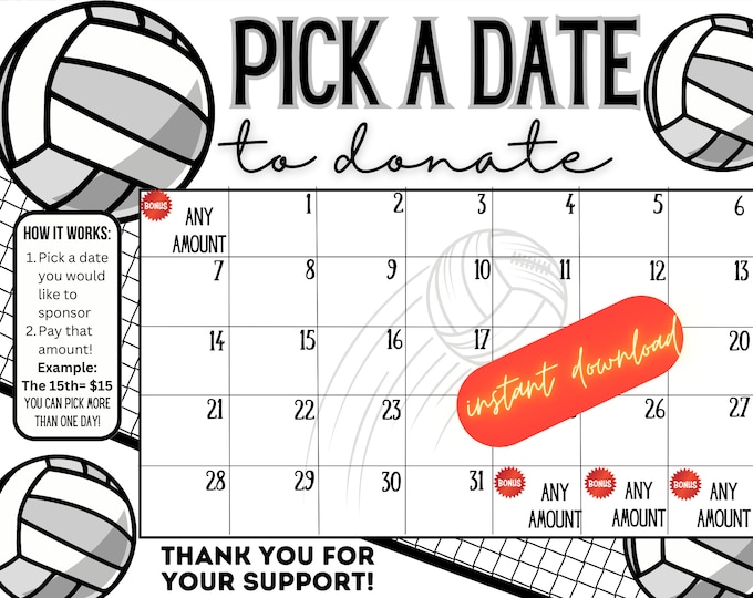 Volleyball Pick a Date to Donate, Fundraiser, Pay the Date, Calendar ...