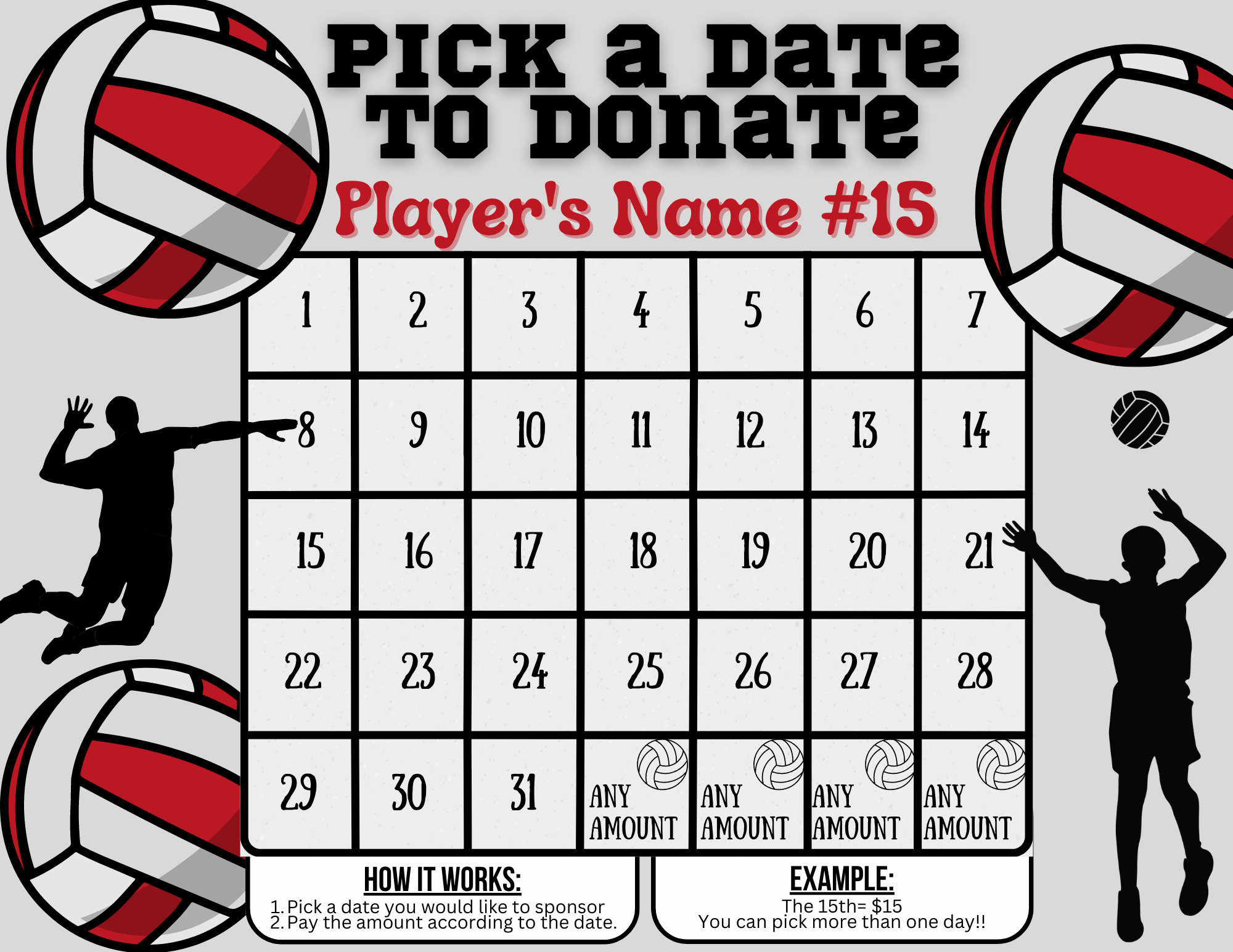 EDITABLE Volleyball Template Pick a Date Fundraiser Calendar, Boy ...
