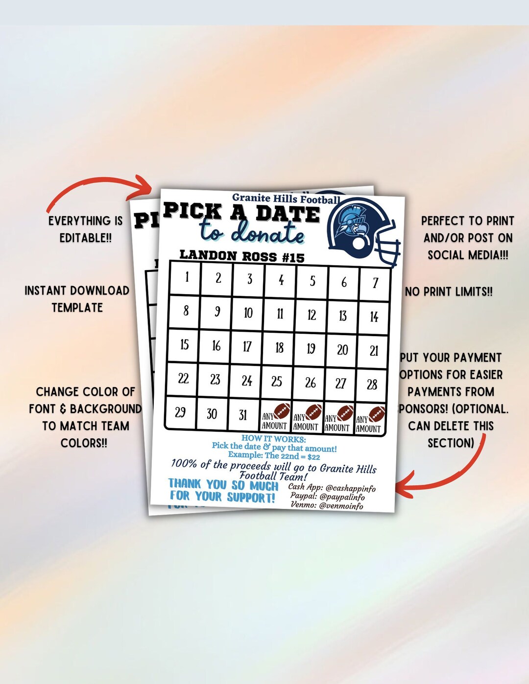 EDITABLE Football Template Pick a Date to Donate Fundraiser Calendar ...