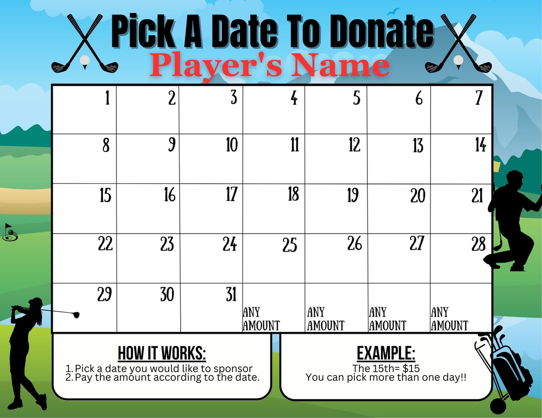 EDITABLE Golf Template Pick a Date Fundraiser Calendar, Pay the Date ...