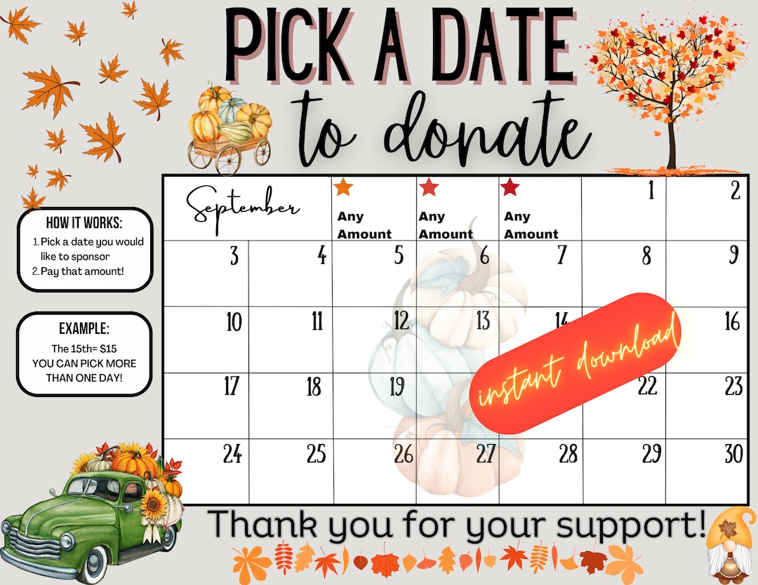 September Pick a Date to Donate, All Purpose, Pay the Date, Fundraiser ...