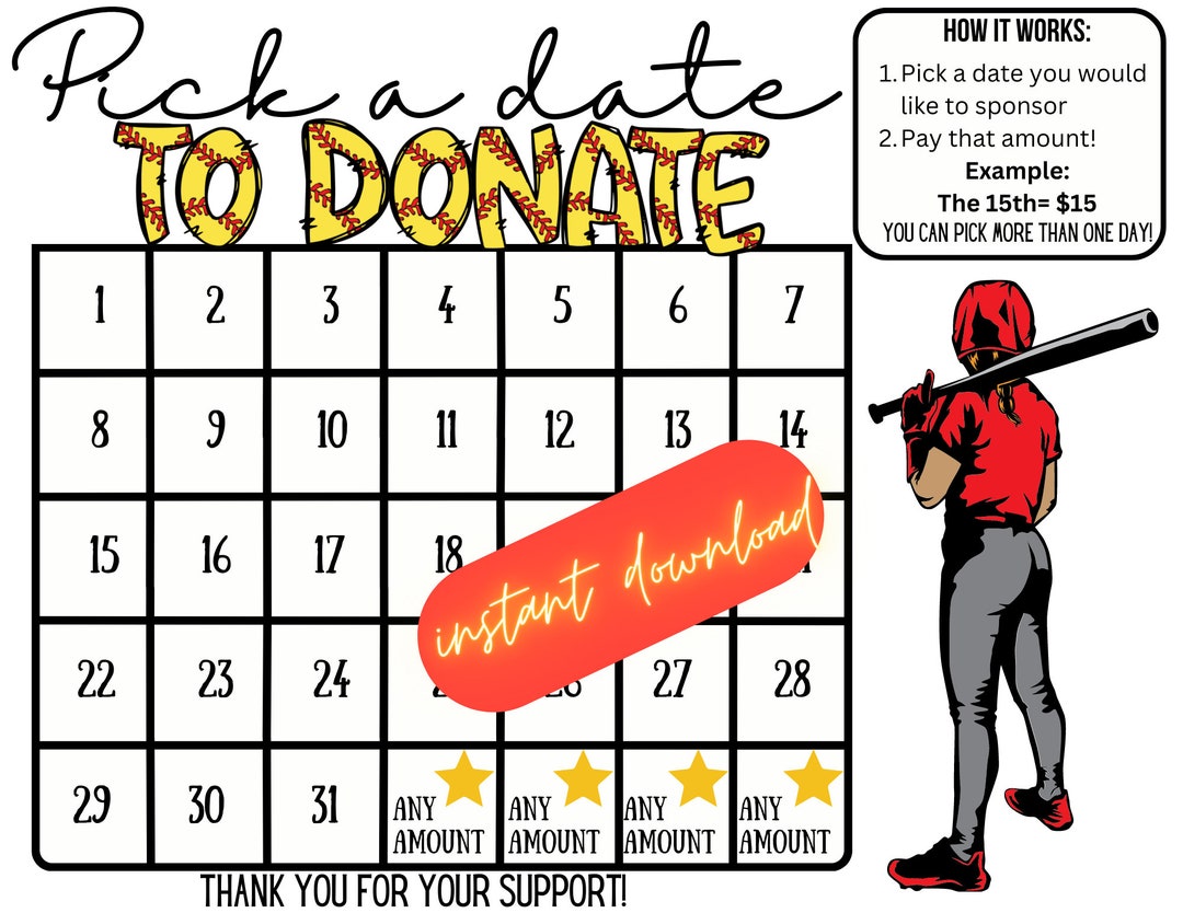 Softball Pick a Date to Donate Calendar, INSTANT DOWNLOAD, Fundraiser ...
