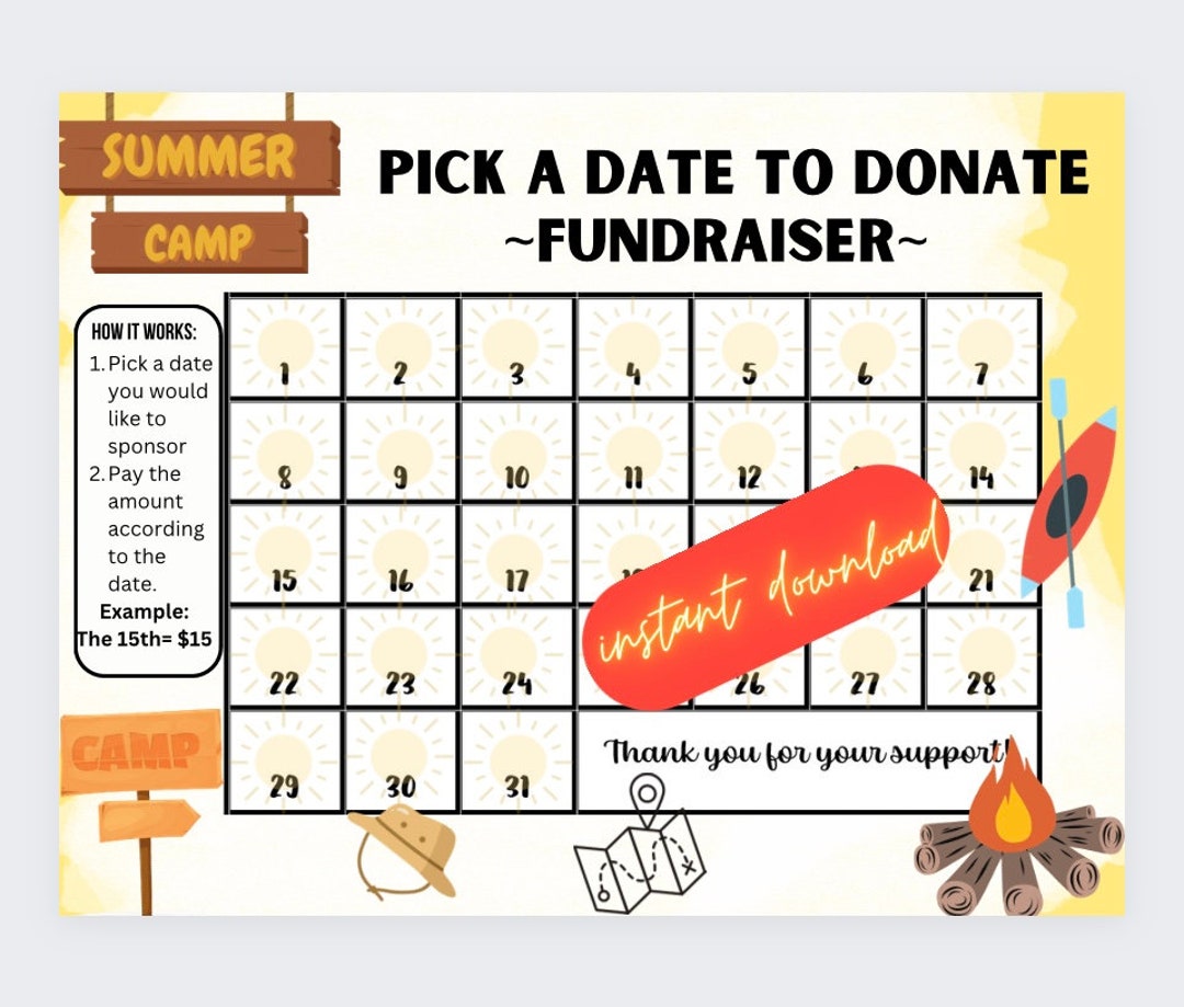 Camp Pick a Date to Donate, INSTANT DOWNLOAD, Fundraiser, Pay the Date ...