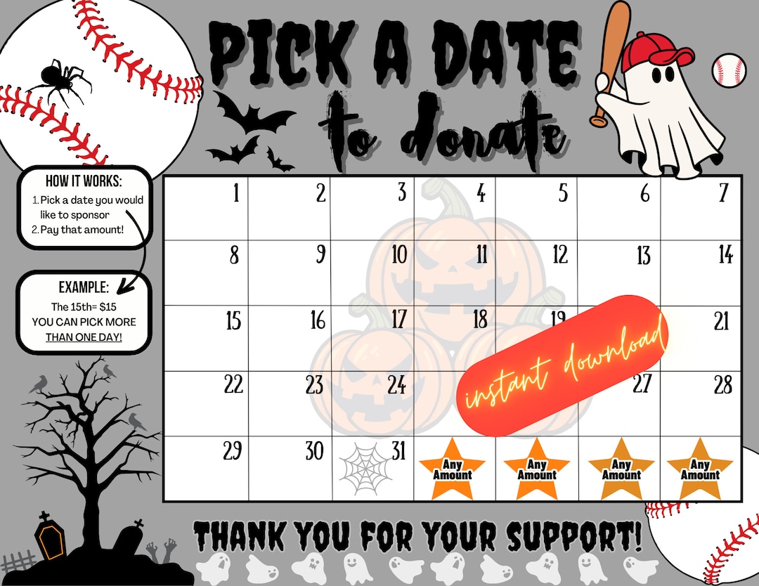 Baseball October Halloween Pick a Date to Donate, Fundraiser, Pay the ...