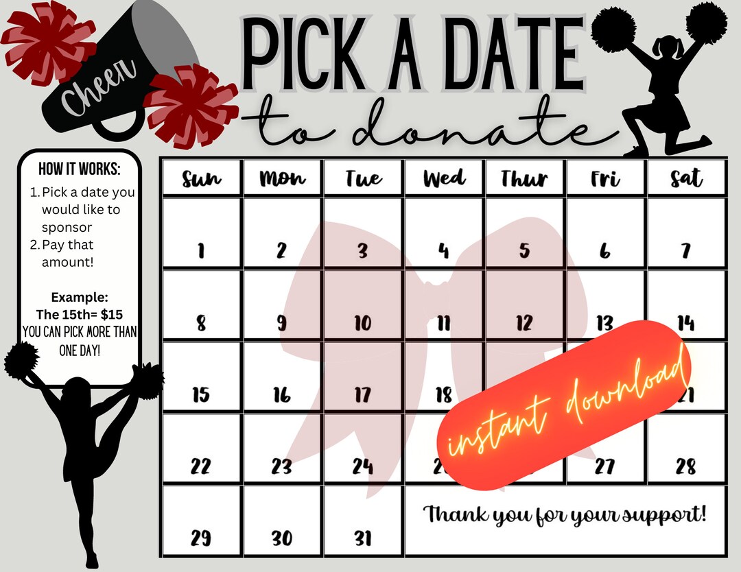 Cheer Pick a Date to Donate, INSTANT DOWNLOAD, Fundraiser, Pay the Date ...
