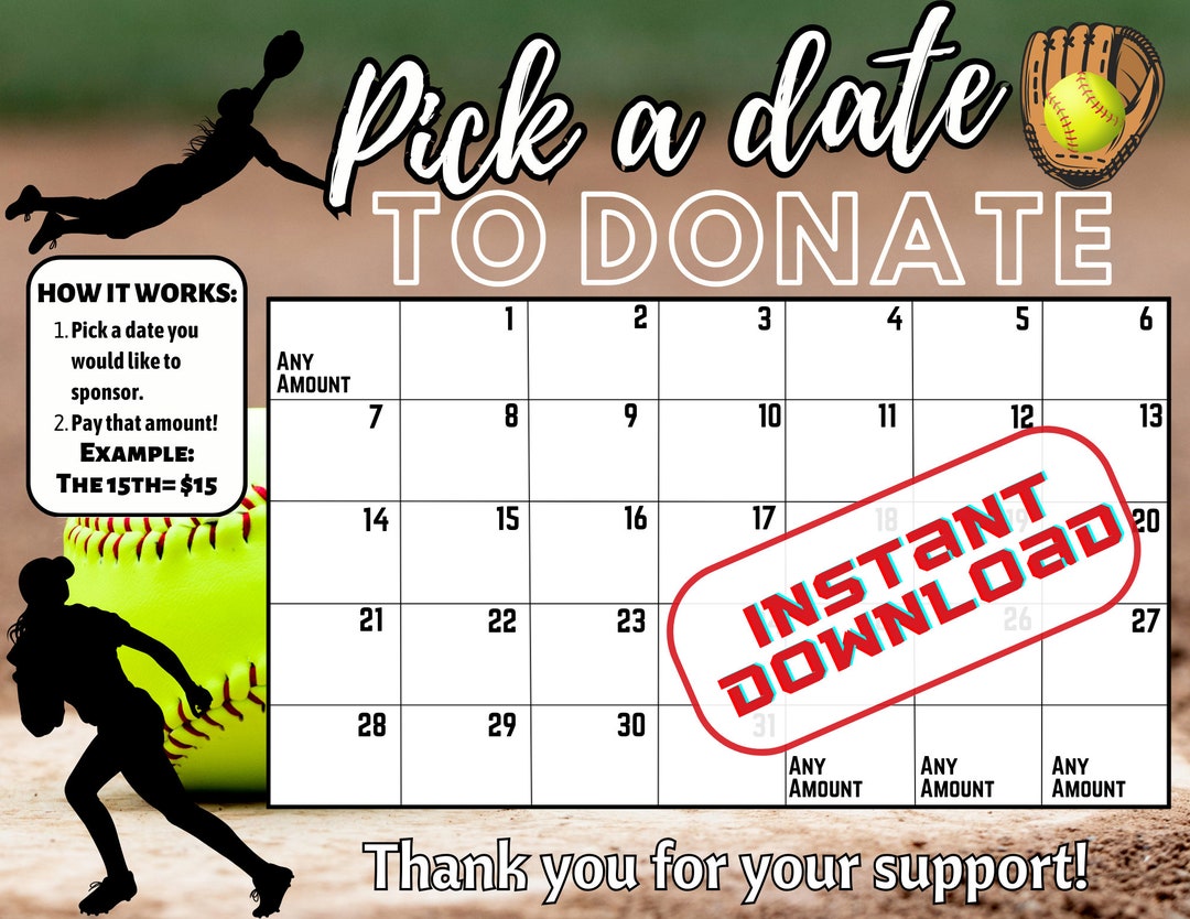 Softball Pick a Date to Donate, Softball Fundraiser Calendar, Pay the ...