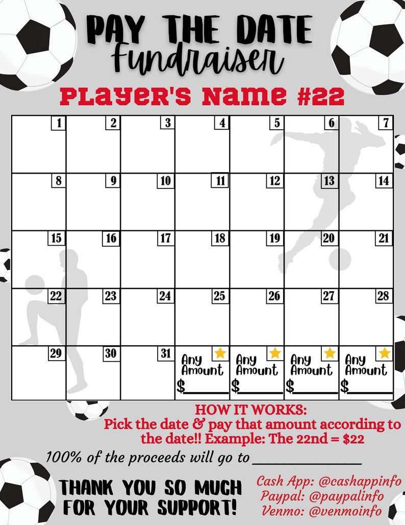 EDITABLE Soccer Template Pick a Date Fundraiser Calendar Sponsor a Date ...