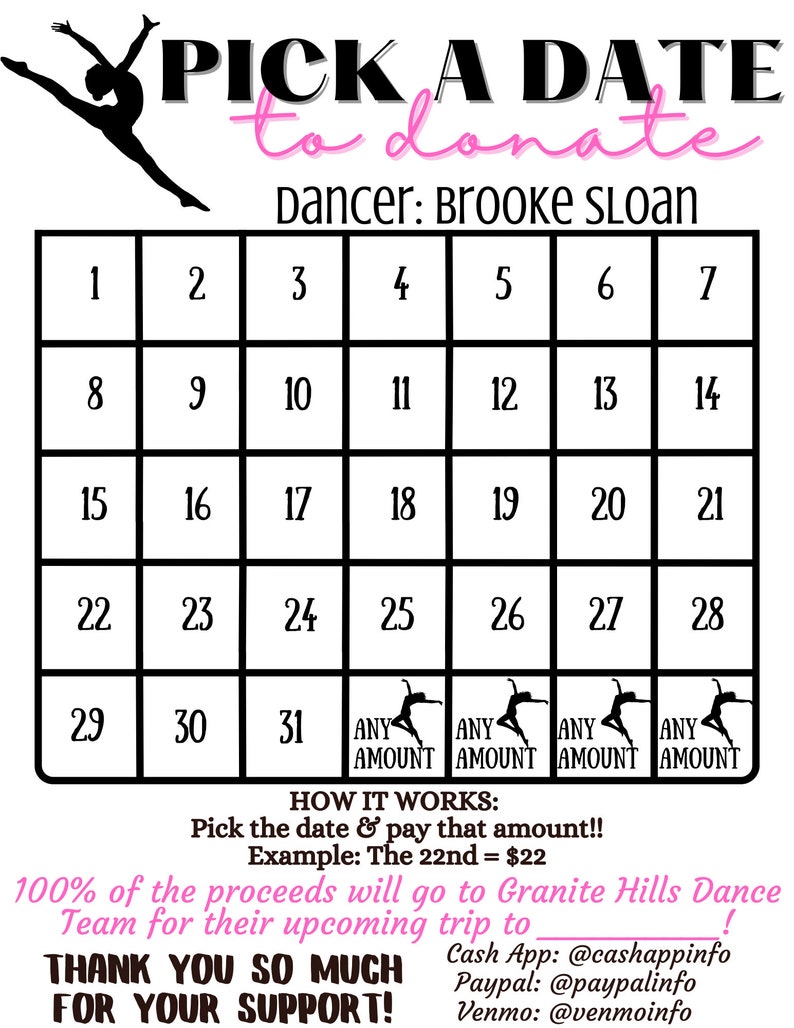 EDITABLE DANCE Template Pick a Date to Donate Fundraiser Pay - Etsy