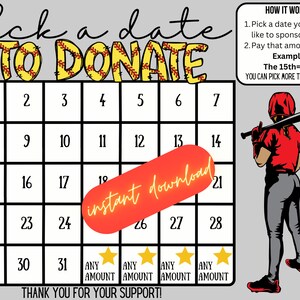 Softball Pick a Date to Donate Calendar, INSTANT DOWNLOAD, Fundraiser ...