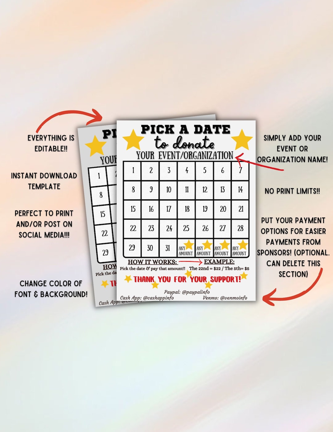 EDITABLE All Purpose Template Pick a Date Fundraiser Calendar Sponsor a ...