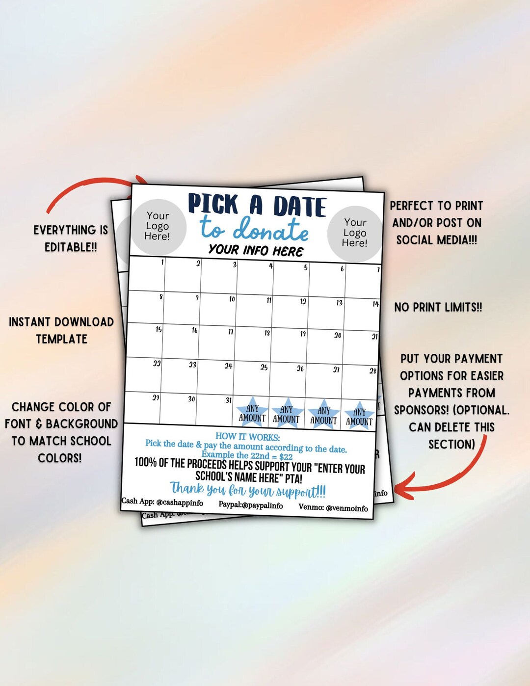 PTA Fundraiser Template, PTO Fundraiser, Pick a Date Calendar, Sponsor ...