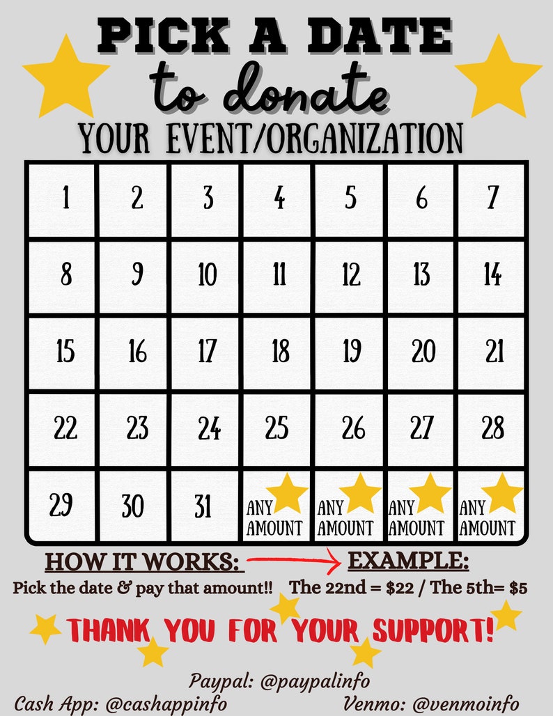 EDITABLE All Purpose Template Pick a Date Fundraiser Calendar - Etsy