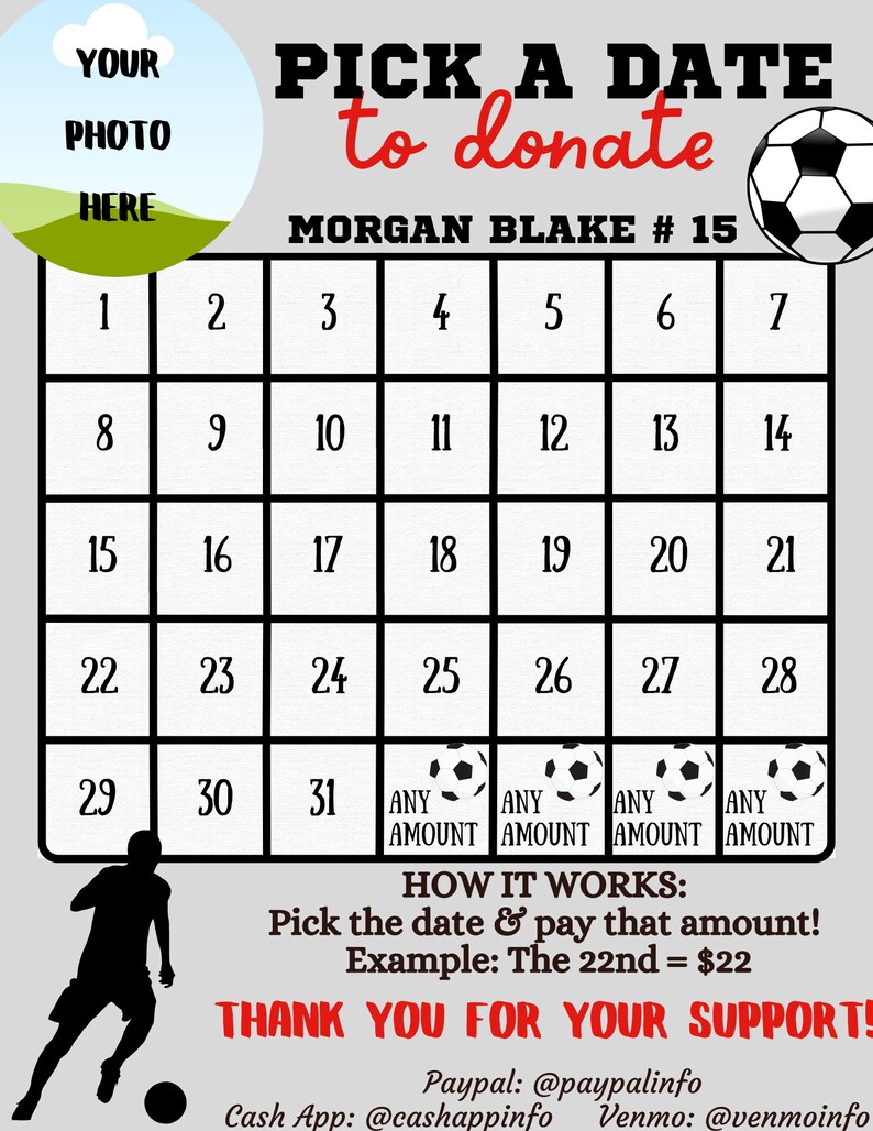 EDITABLE Soccer Template Pick a Date Fundraiser Calendar Sponsor a Date ...