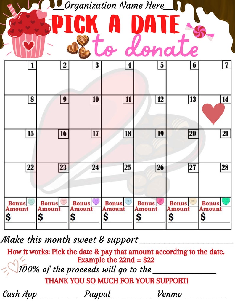 EDITABLE Template Pick a Date Fundraiser Calendar Sponsor a - Etsy
