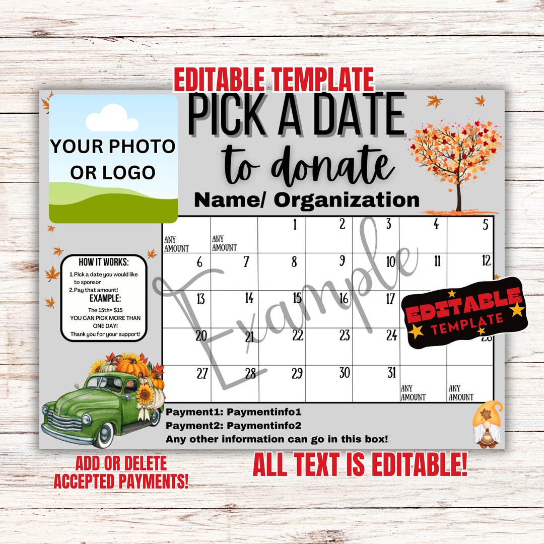 EDITABLE Fall Theme Pick a Date Fundraiser Calendar Sponsor, September ...