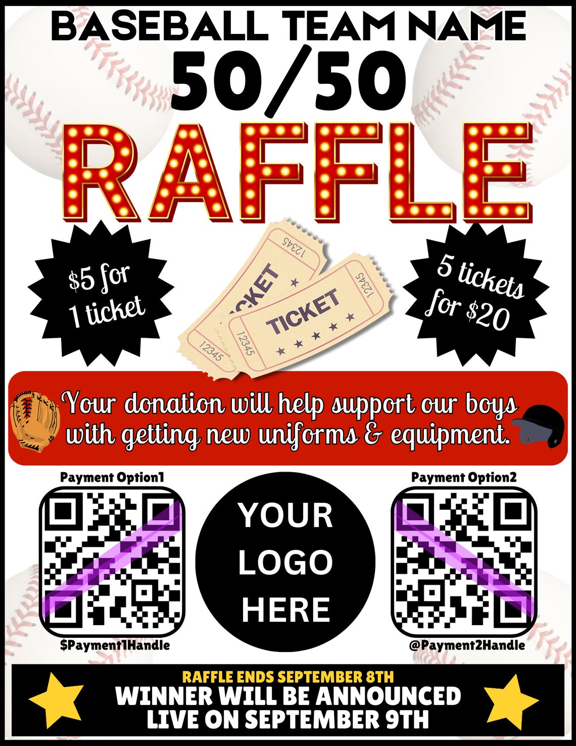 EDITABLE Baseball 50/50 Flyer Template, Baseball Fundraiser, Fundraiser ...