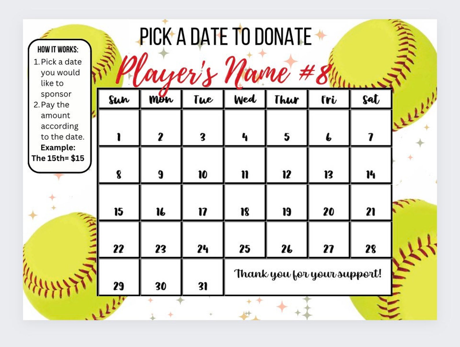 EDITABLE SOFTBALL Template Pick a Date to Donate Fundraiser - Etsy