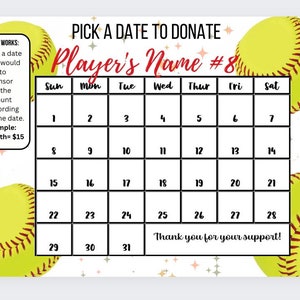 EDITABLE SOFTBALL Template, Pick a Date to Donate, Fundraiser Calendar ...