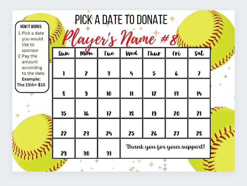 EDITABLE SOFTBALL Template, Pick a Date to Donate, Fundraiser Calendar ...