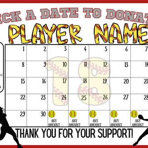 Custom Softball Pick a Date to Donate Fundraiser, Fundraiser Calendar ...
