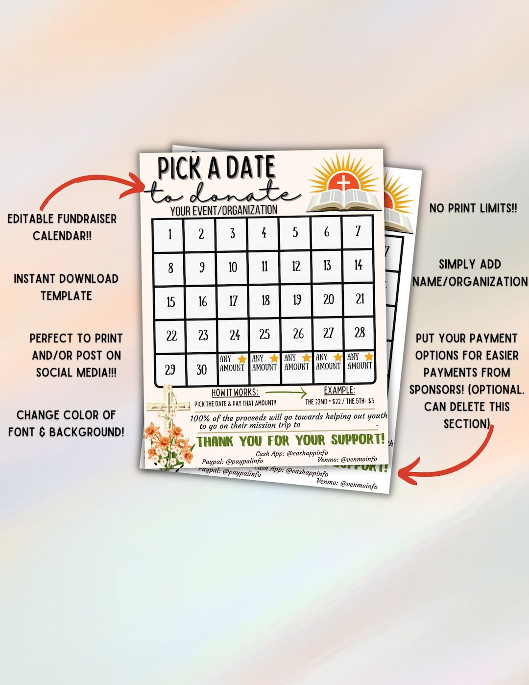 EDITABLE Church Pick a Date Fundraiser Calendar Sponsor a Date Easter ...