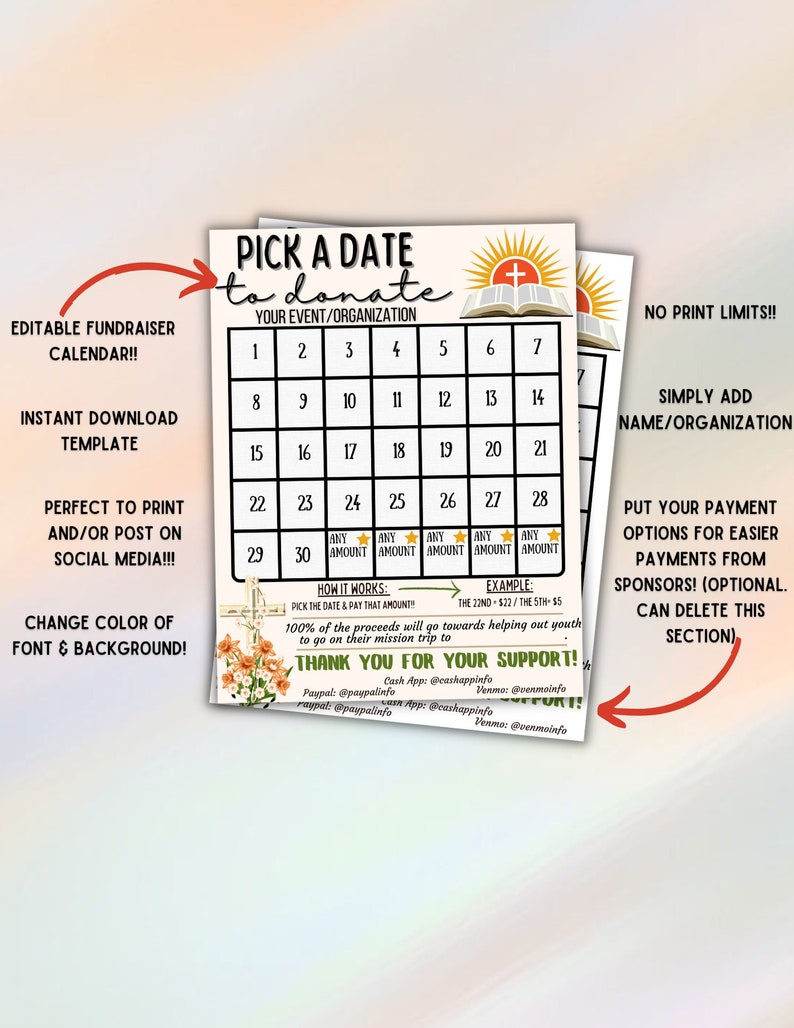 EDITABLE Church Pick a Date Fundraiser Calendar Sponsor a Date Easter ...