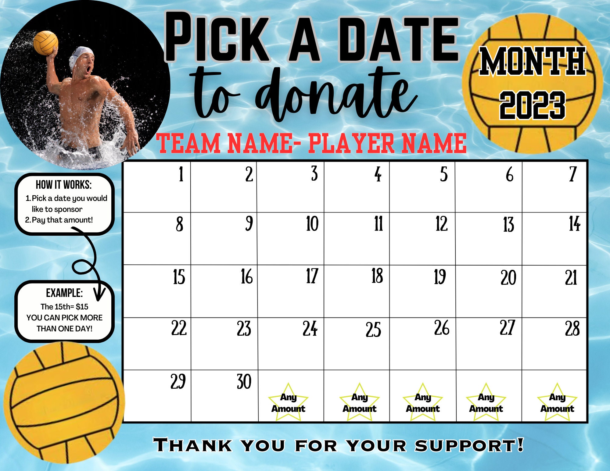 EDITABLE Water Polo Template, Personalized Pick a Date to Donate ...
