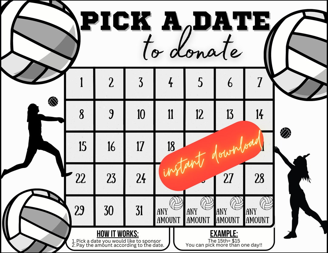 Volleyball Pick a Date to Donate, INSTANT DOWNLOAD Printable Pay the ...