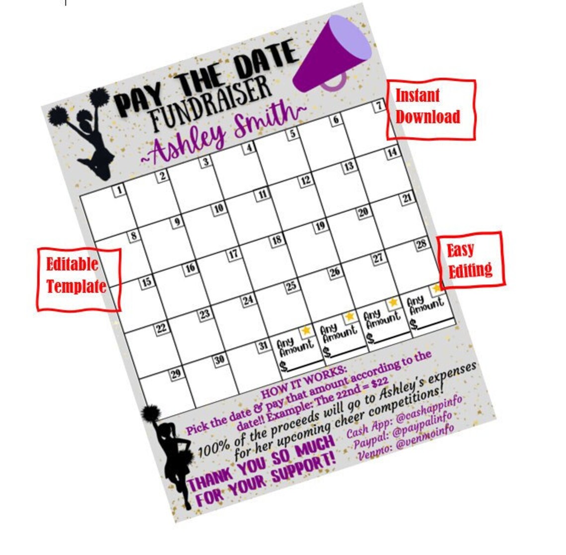 EDITABLE Cheer Template Pick a Date Fundraiser Calendar Sponsor a Date ...