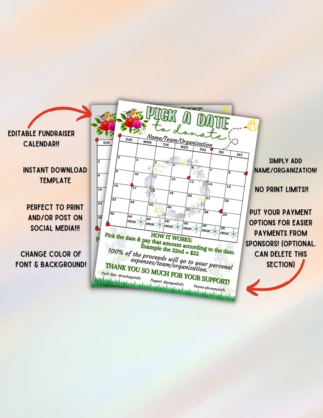 EDITABLE Spring Theme Pick a Date Fundraiser Calendar Sponsor, April ...