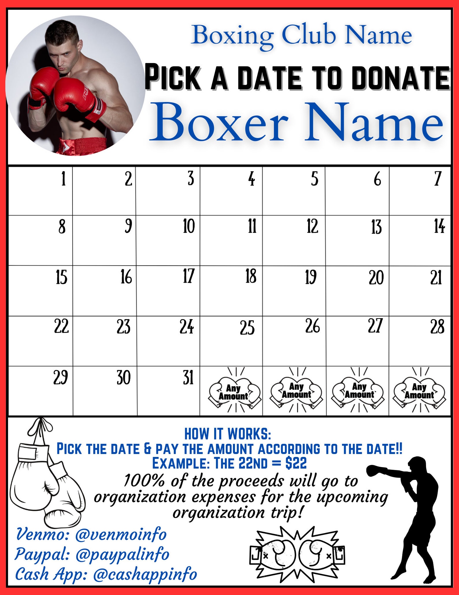 EDITABLE Boxing Template Pick a Date to Donate Fundraiser Calendar ...