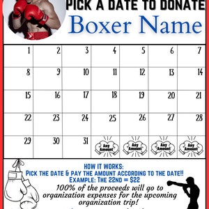 EDITABLE Boxing Template Pick a Date to Donate Fundraiser Calendar ...