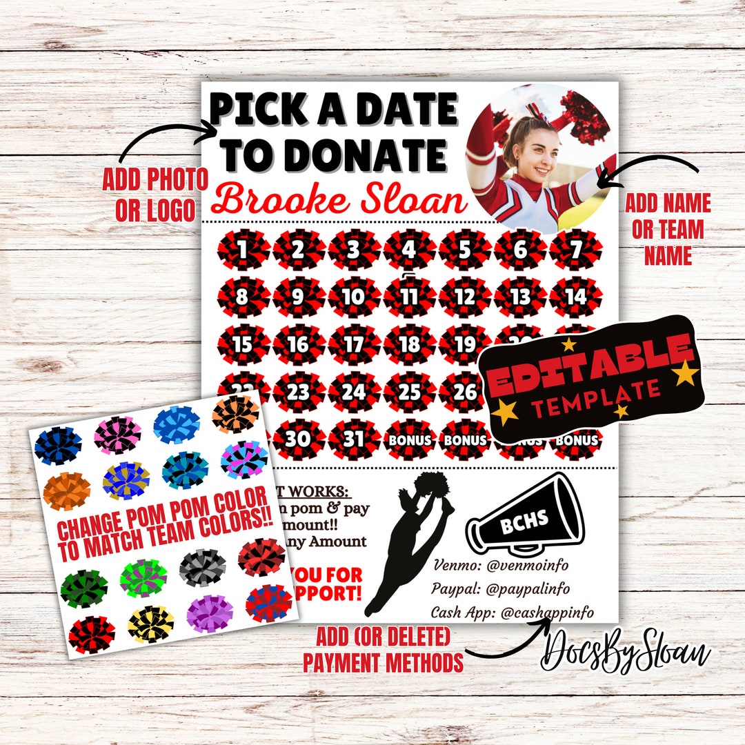 EDITABLE Cheer Template Pick a Date Fundraiser Calendar Sponsor a Date ...