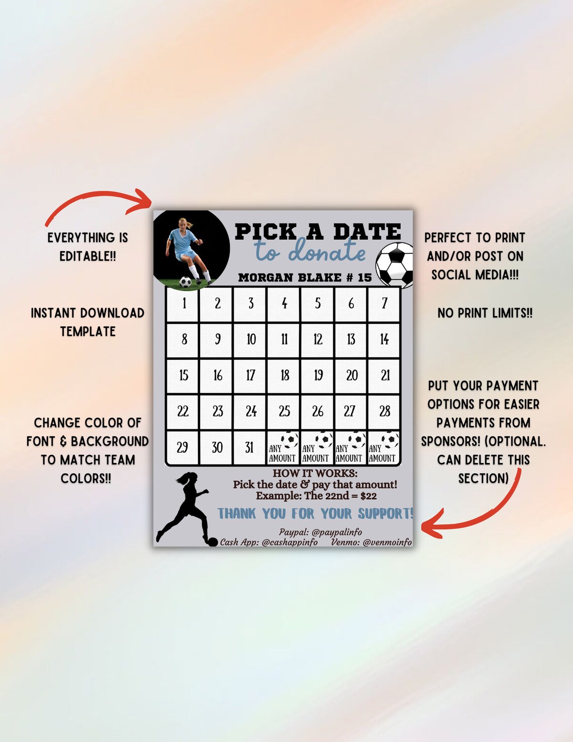 EDITABLE Soccer Template Pick a Date Fundraiser Calendar Sponsor a Date ...