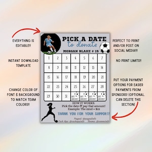 EDITABLE Soccer Template Pick a Date Fundraiser Calendar Sponsor a Date ...